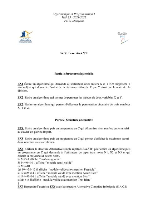 Série Algorithme et Analyse numérique Algorithmique et Programmation MIP S Pr