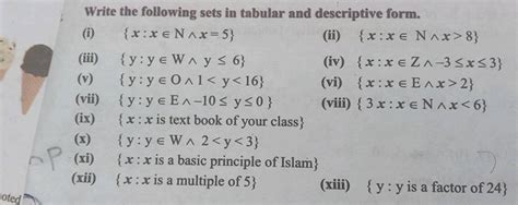 write the following sets in tabular and descriptive form filo