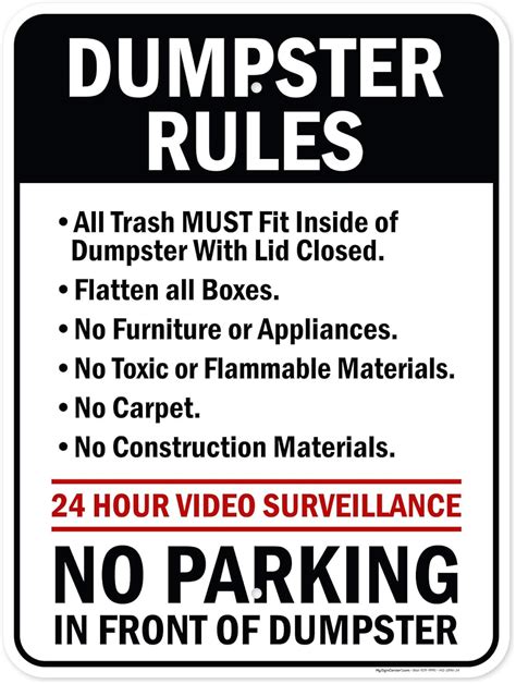 Dumpster Rules Sign 18x24 Inches Rust Free 063 Aluminum
