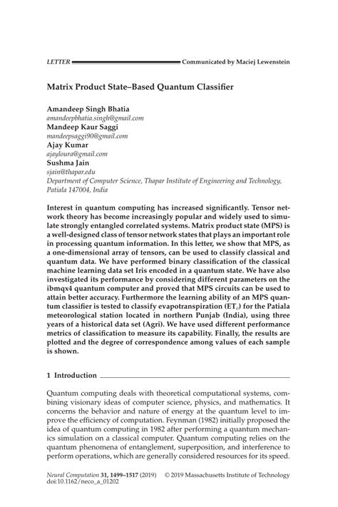 Pdf Matrix Product State Based Quantum Classifier