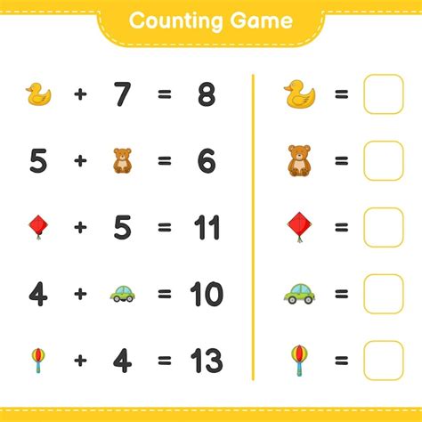 연 자동차 아기 딸랑이 고무 오리 테디 베어의 수를 세고 일치시키고 올바른 숫자와 일치시킵니다 교육 어린이 게임 인쇄용 워크시트 벡터 일러스트 레이 션