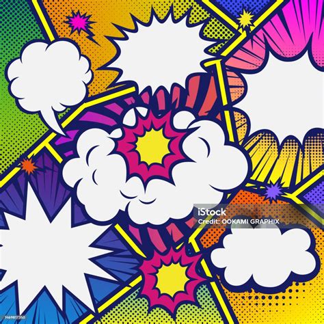 레트로 팝 아트 만화책 잡지 연설 거품 풍선 상자 메시지 슈퍼 히어로 판매 배너 빈 연설 거품 세트 벡터 일러스트 하프 톤 책 디자인 3차원 형태에 대한 스톡 벡터 아트 및