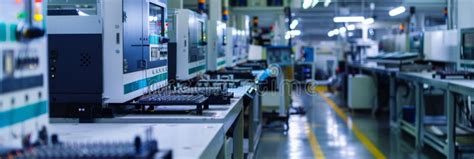 An Electronics Assembly Line With Soldering Stations And Circuit Board