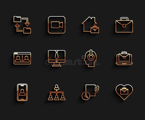 Set Line Video Chat Conference Hierarchy Organogram Chart Cloud Storage Document Folder Time