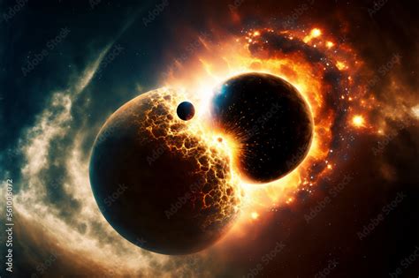 Collision Of Planets In Space Explosion And Flash Created With Generative Ai Technology Stock