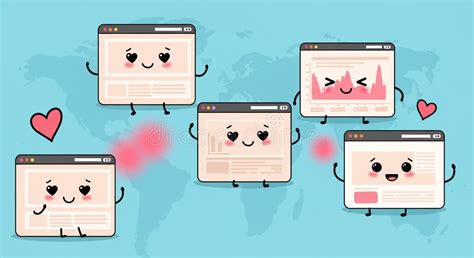 Cute Cartoon Style Web Browser Windows With Smiling Faces Hearts And Blush Spots Are Stock