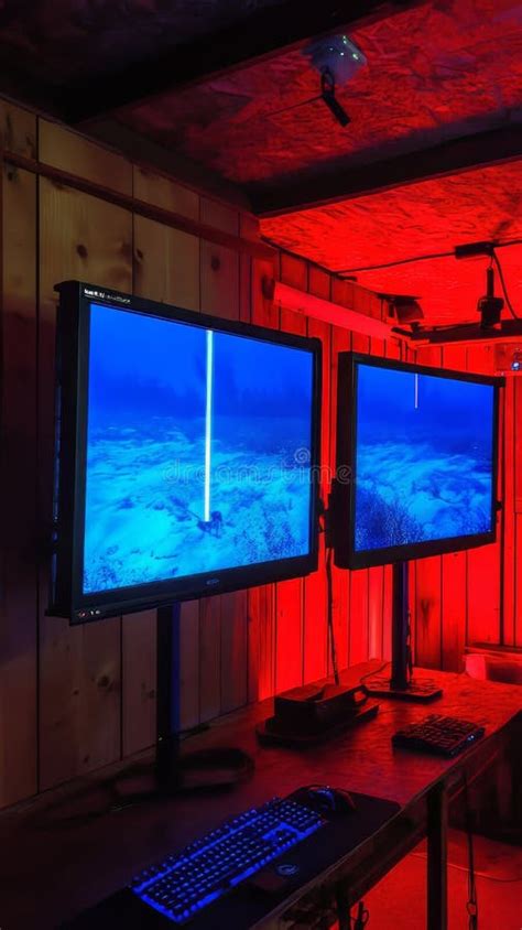 An Individual Is Seated At A Workstation Featuring A Computer Two Display Screens And A Typing