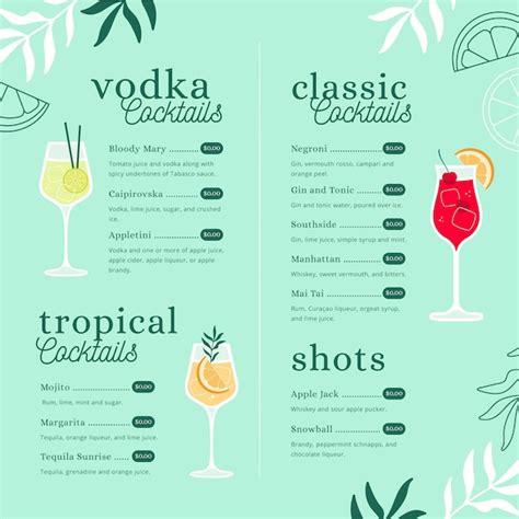 Free Vector Creative Cocktail Menu Template With Illustrations