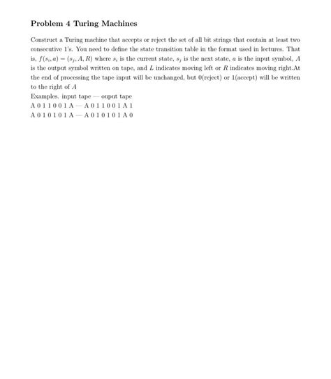 Solved Problem Turing Machines Construct A Turing Machine Chegg Com