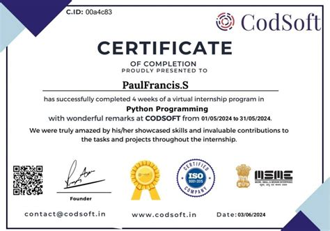 finished python internship at codsoft paul francis posted on the topic linkedin
