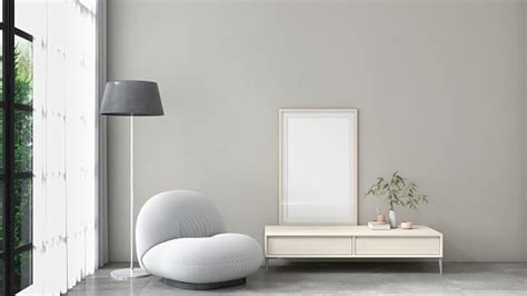 인테리어 거실 디자인 현대적인 미니멀리스트 스타일의 포스터 액자 모형 안락의자 램프 흰 벽 3d 렌더링 0명에 대한 스톡 사진