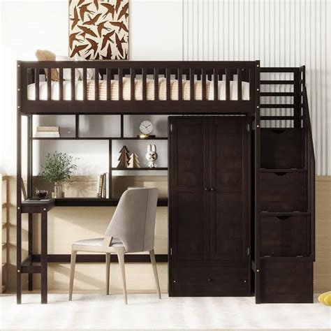 Loft Bed With Bookshelf Wardrobe Storage Stairs Bed Bath And Beyond