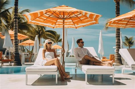 Premium Photo Couples Lounging On Sunbeds By The Pool