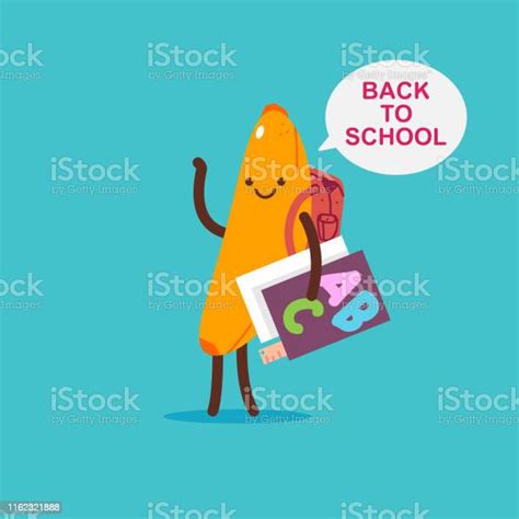 다시 학교 벡터 만화 개념 일러스트와 귀여운 바나나 캐릭터와 함께 책 배경에 고립 개념에 대한 스톡 벡터 아트 및 기타 이미지