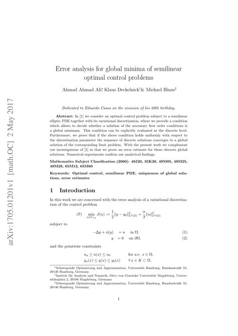 Pdf Error Analysis For Global Minima Of Semilinear Optimal Control Problems