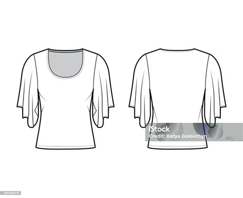 팔꿈치 기모노 소매가 있는 테크니컬 패션 일러스트와 허리 길이 라운드 네크라인 플랫 0명에 대한 스톡 벡터 아트 및 기타 이미지 0명 T 셔츠 검은색 Istock