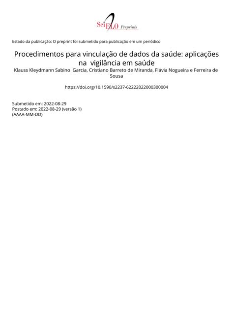 PDF Procedimentos para vinculação de dados da saúde aplicações na vigilância em saúde