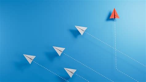 작은 비행기와 빨간 비행기는 종이 배경에 다른 접근 방식을 상징합니다새로운 아이디어 종이 아트 스타일 파란색 배경에 크리에이 티브 Idea3d 렌더링 1위에 대한 스톡 사진