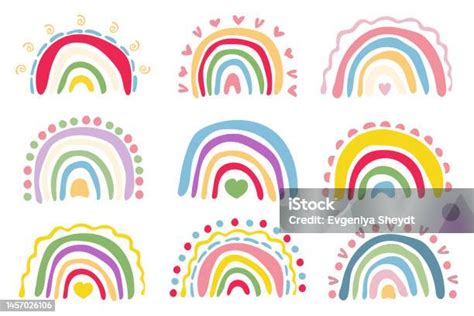 낙서 세트 손으로 그린 무지개 흰색 배경에 격리된 만화 화려한 스타일의 컬렉션입니다 아기가 귀여운 스케치 스타일을 디자인 벽지 벡터 그림입니다 0명에 대한 스톡 벡터 아트