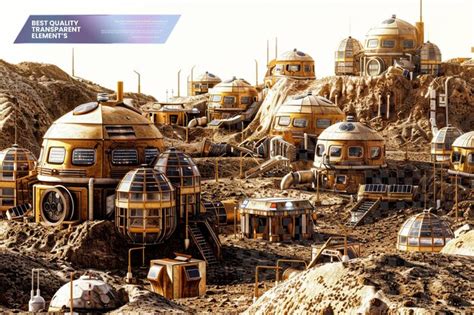 Robotic Colony On Mars With Modular Habitats And Solar Panels On Transparent Background
