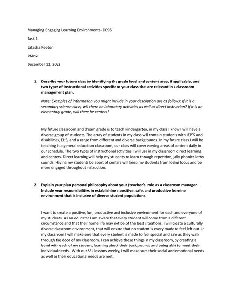 managing engaging learning environments task 1 revised d095 wgu