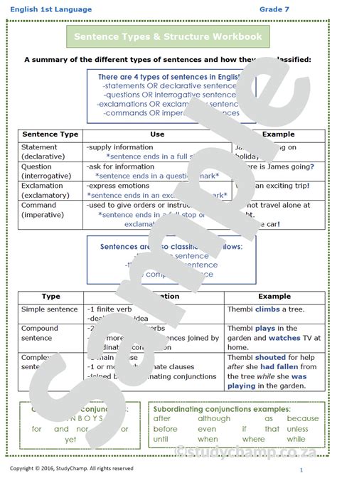 Grade 7 English Worksheet Sentence Types And Structure Worksheets