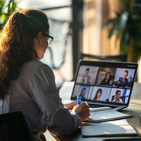 A Woman Sits At A Table With A Laptop Screen Open Premium Ai