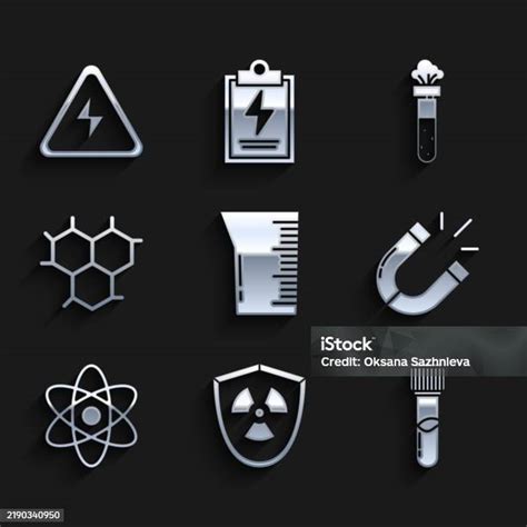 실험실 유리 제품 또는 비커 쉴드의 방사성 시험관 및 플라스크 화학 물질 자석 원자 화학식 및 고전압 기호 아이콘을 설정합니다 벡터 0명에 대한 스톡 벡터 아트 및 기타