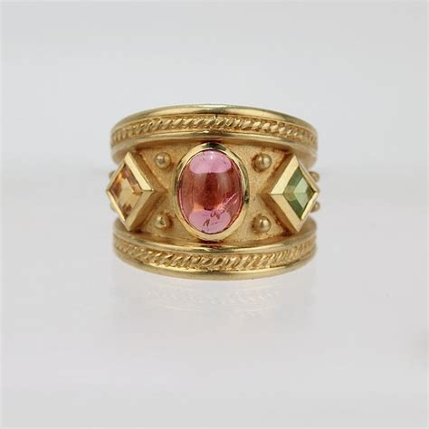 18 Karat Gold And Multi Gemstone Etruscan Style Cocktail Ring At 1stdibs