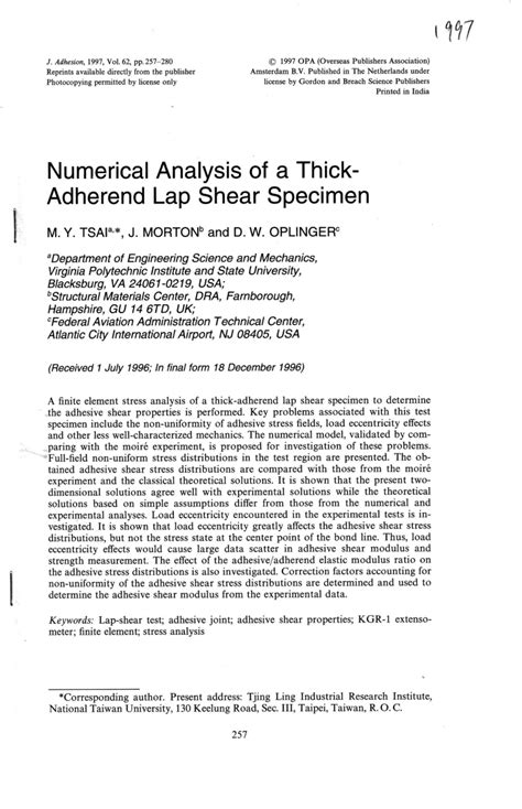Pdf Numerical Analysis Of A Thick Adherend Lap Shear Specimen