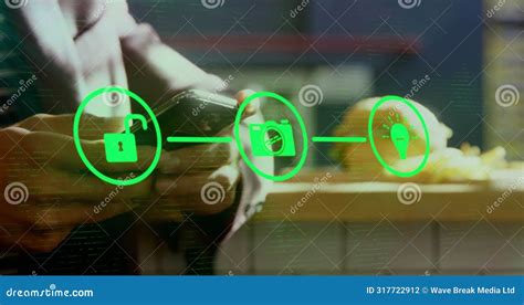 Image Of Flowchart Over Midsection Of Caucasian Man Scrolling Phone With Burger On Table Stock