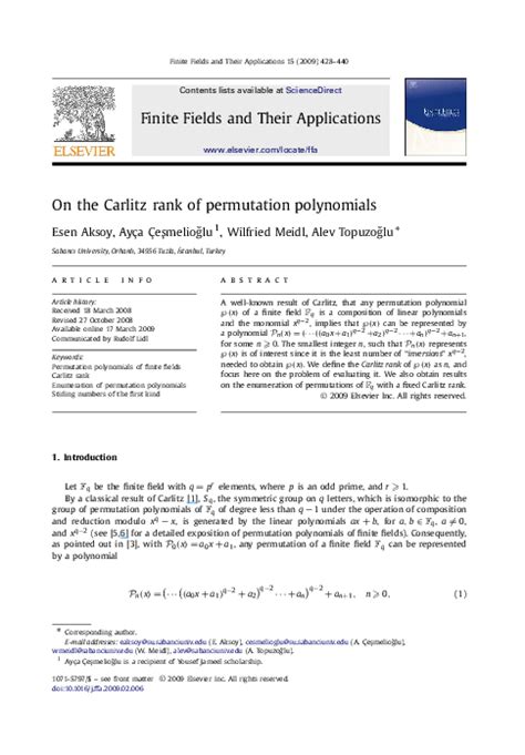 Pdf On The Carlitz Rank Of Permutation Polynomials Ayça Esen