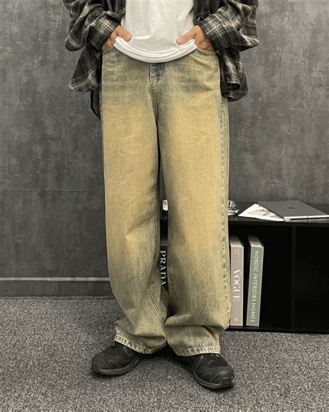 [1컬러] 유니크한 멋 오일 워싱 빈티지 롱 데님 와이드팬츠 에이블리