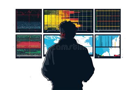 silhouette of hacker in front of multiple screens isolated illustration