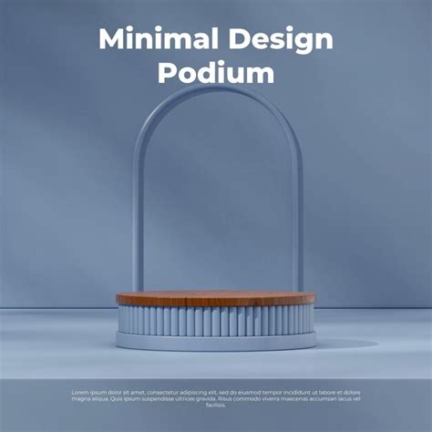 3d는 파란색 아치와 벽이 있는 사각형의 나무 실린더 연단의 빈 공간을 렌더링합니다 프리미엄 Psd 파일