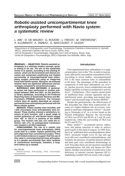 Pdf Robotic Assisted Unicompartimental Knee Arthroplasty Performed With Navio System A