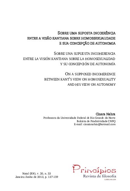 Pdf On A Supposed Incoherence Between Kants View On Homosexuality