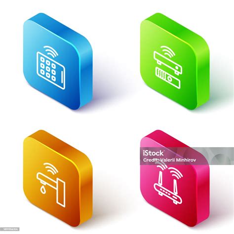 아이소메트릭 라인 무선 태블릿 Tv 박스 수신기 스마트 수도꼭지 및 라우터 및 Wifi 신호 아이콘을 설정합니다 벡터 0명에 대한 스톡 벡터 아트 및 기타 이미지 Istock