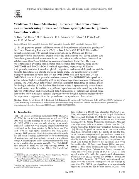 Pdf Validation Of Ozone Monitoring Instrument Total Ozone Column Measurements Using Brewer And