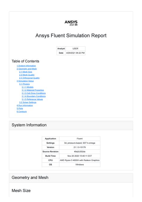 1 ansys fluent simulation report ansys fluent simulation report table