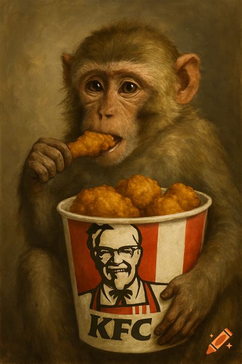 A Monkey Eats A Piece Of Fried Chicken While Holding A Kfc Bucket In A