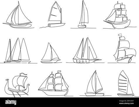 One Continuous Line Sailing Ship Hand Drawn Different Types Of