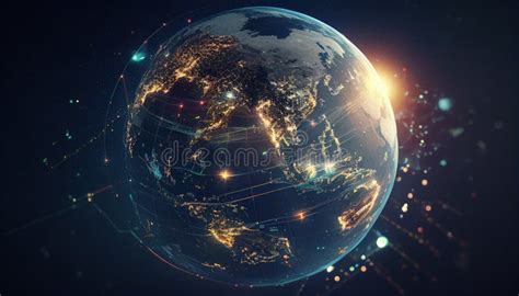 Global Communication Network Around Planet Earth In Space Generative Ai Stock Illustration