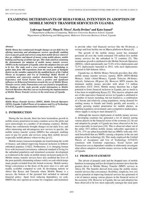 Pdf Examining Determinants Of Behavioral Intention In Adoption Of Mobile Money Transfer