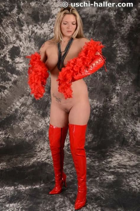 Milf Arabella May In Red High Boots Gloves And Feather Boa 55 Pics