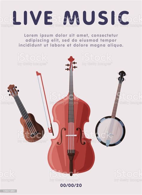 클래식 악기 광고 포스터 브로셔 전단지 초대 카드 벡터 일러스트와 라이브 음악 배너 구도에 대한 스톡 벡터 아트 및 기타 이미지