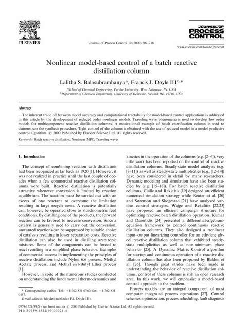 Pdf Nonlinear Model Based Control Of A Batch Reactive Distillation