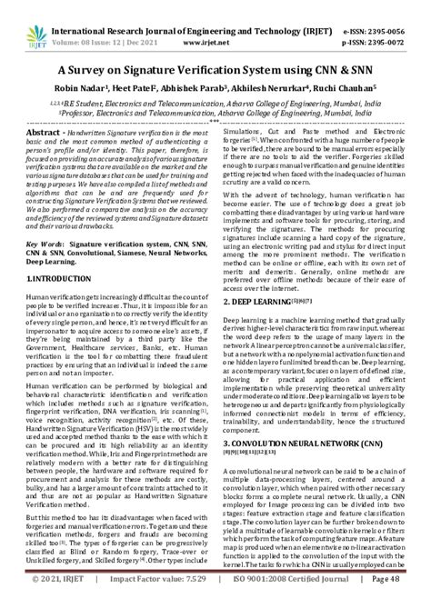 Pdf Irjet A Survey On Signature Verification System Using Cnn And Snn