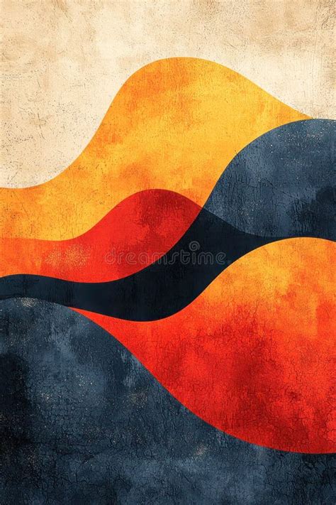 Abstract Composition Featuring Overlapping Red Orange And Dark Blue Wavy Shapes With A