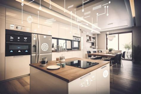 person programming smart home system with view of futuristic kitchen